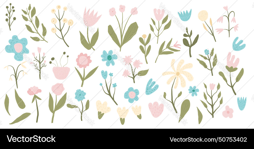 Hand drawn abstract flowers set botanical various Vector Image