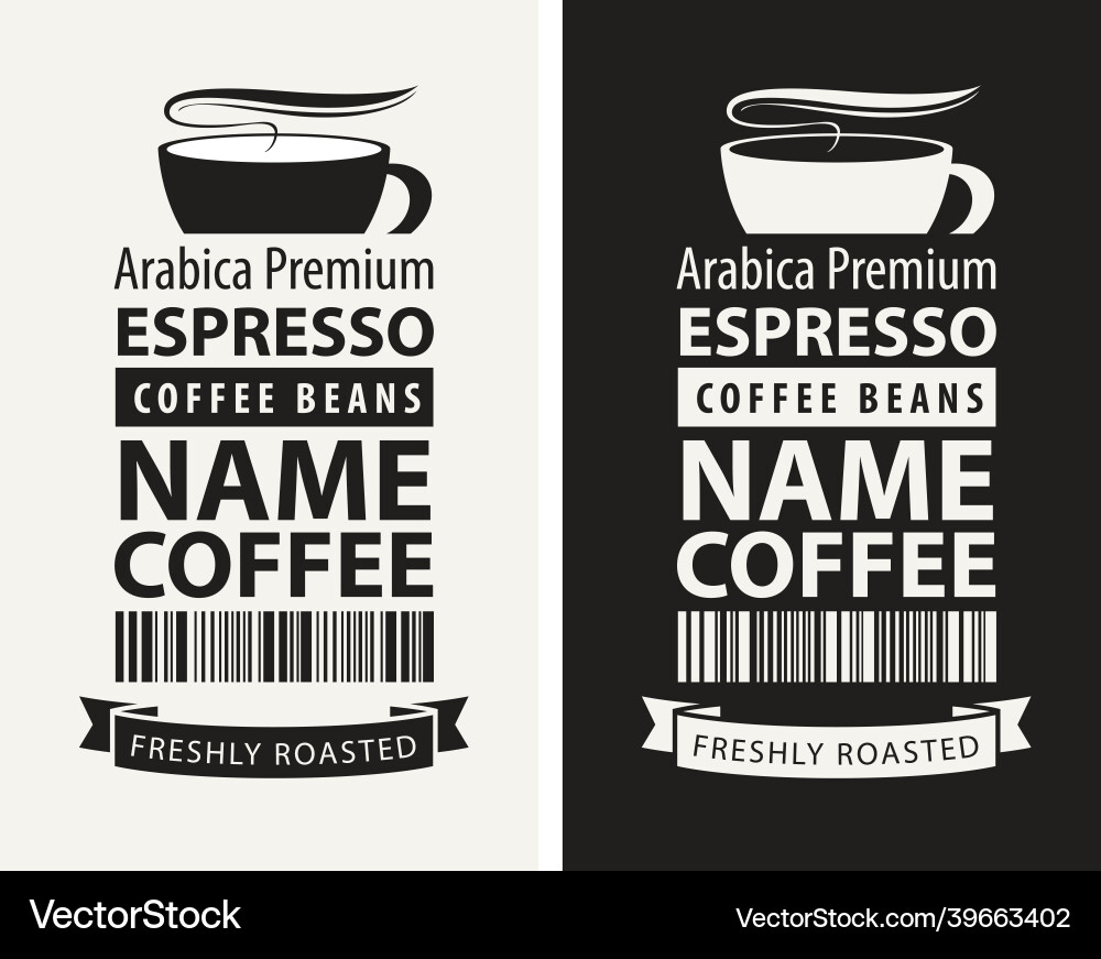 Labels for coffee beans with cups and bar codes Vector Image