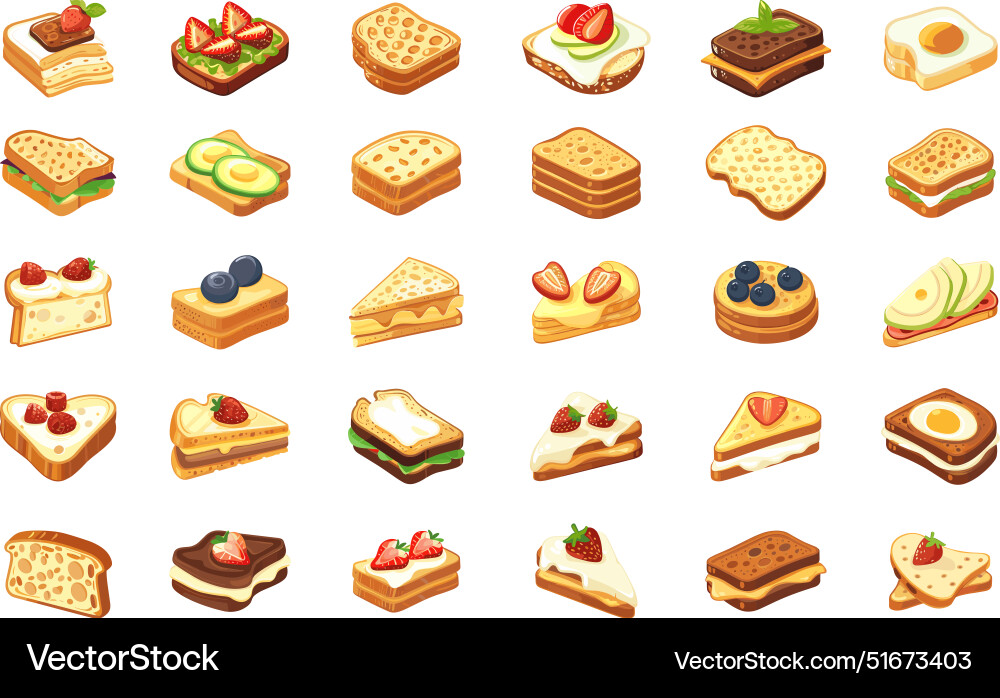 Cartoon different types of toasts icon set Vector Image