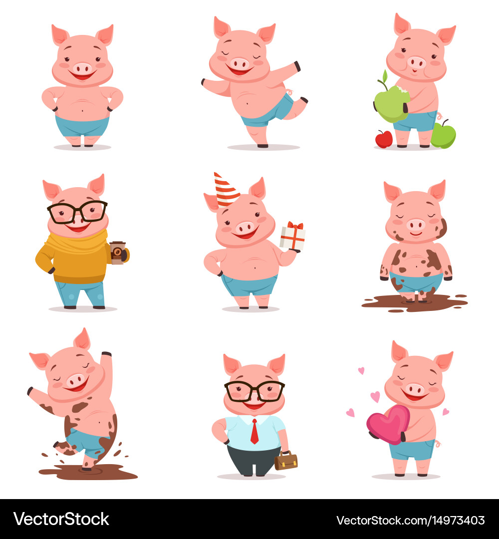 Little cartoon pigs characters posing in different