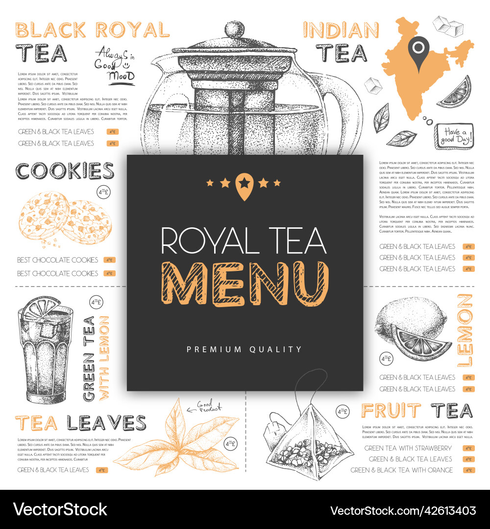 Restaurant royal tea menu design Royalty Free Vector Image