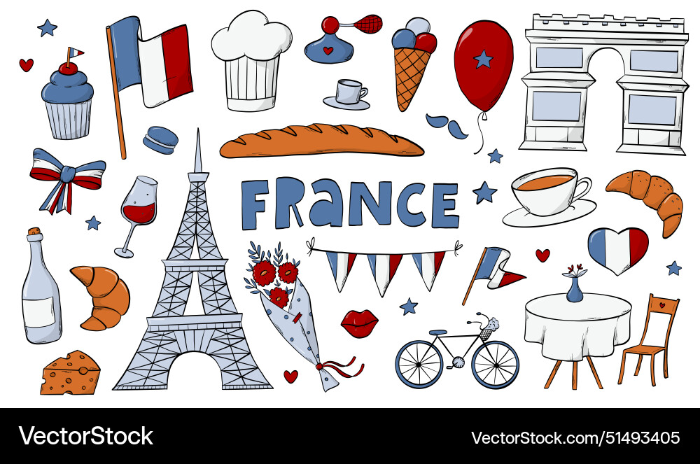 France cartoon elements doodles collection Vector Image