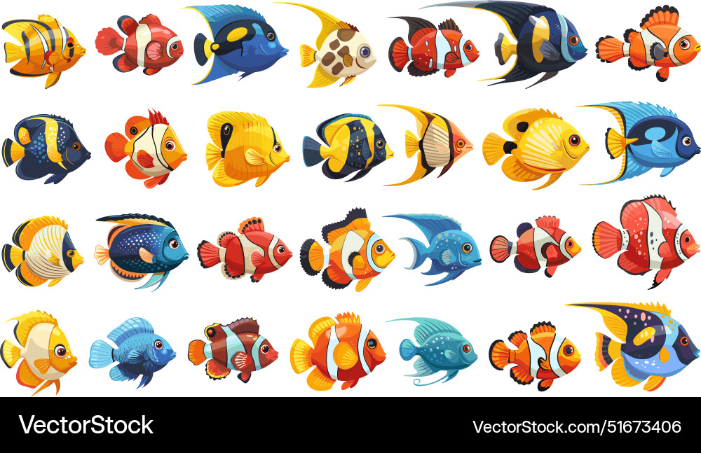 Cartoon exotic fish icon set white background Vector Image
