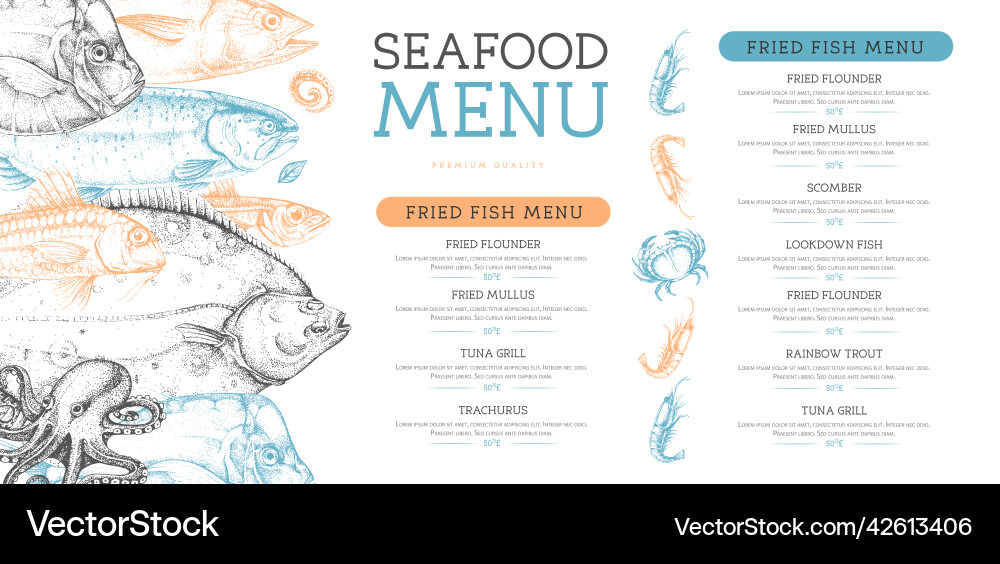 Seafood menu design with different kinds of fish Vector Image