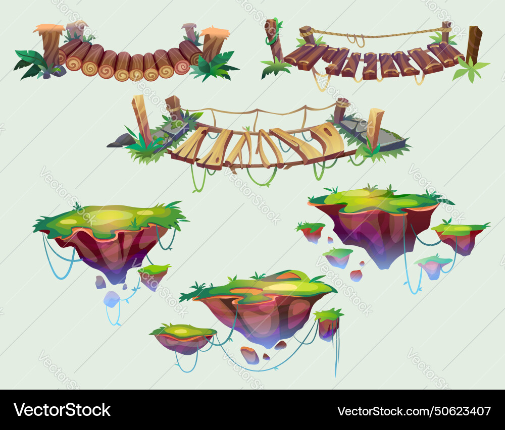 Game level platforms and rope bridges set Vector Image