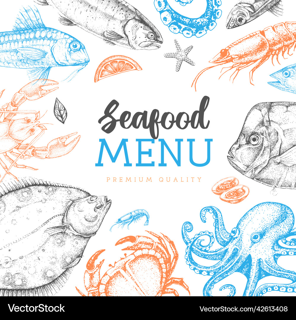 Seafood menu design with different kinds of fish Vector Image