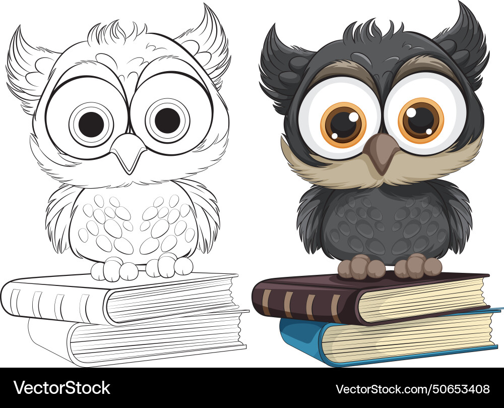 Two cartoon owls perched on stacked books Vector Image