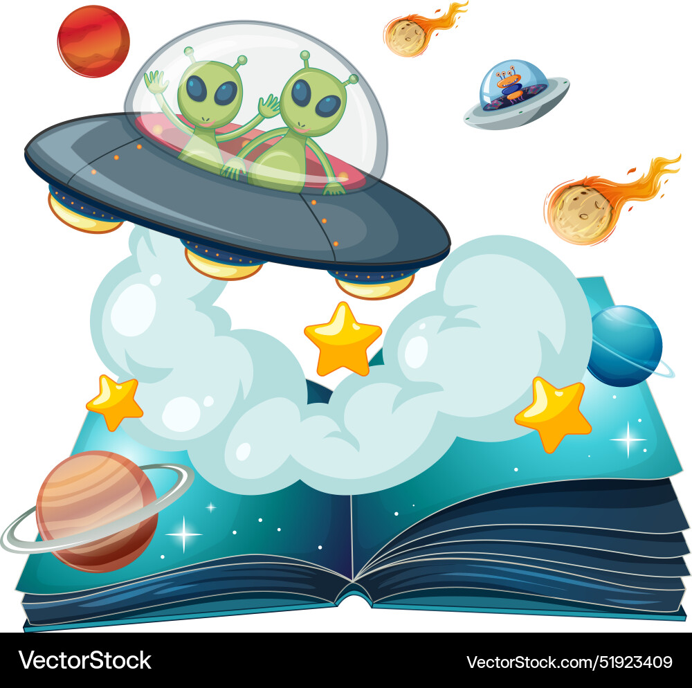 Aliens in a spaceship above an open book Vector Image