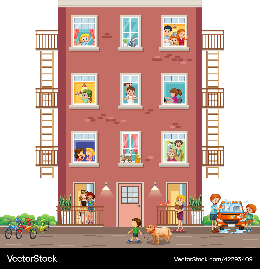 Wohnung Fenster mit Nachbar Cartoon Charakter Vektorbild