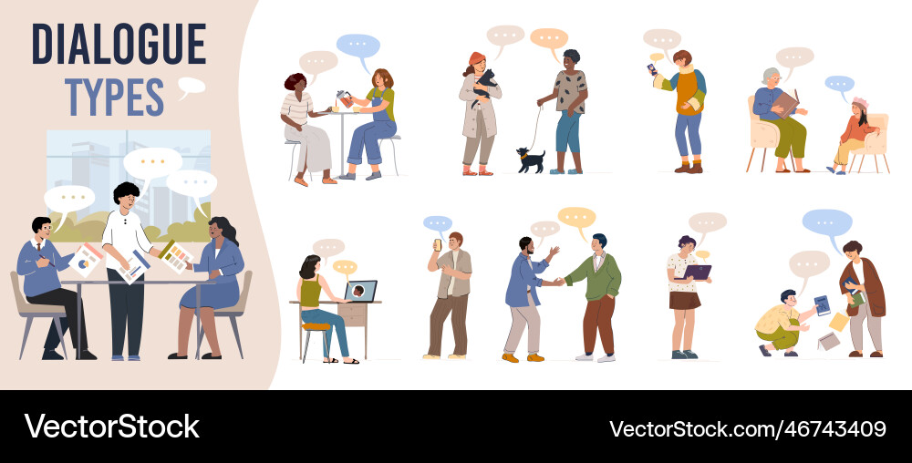 Dialogue types flat set Royalty Free Vector Image