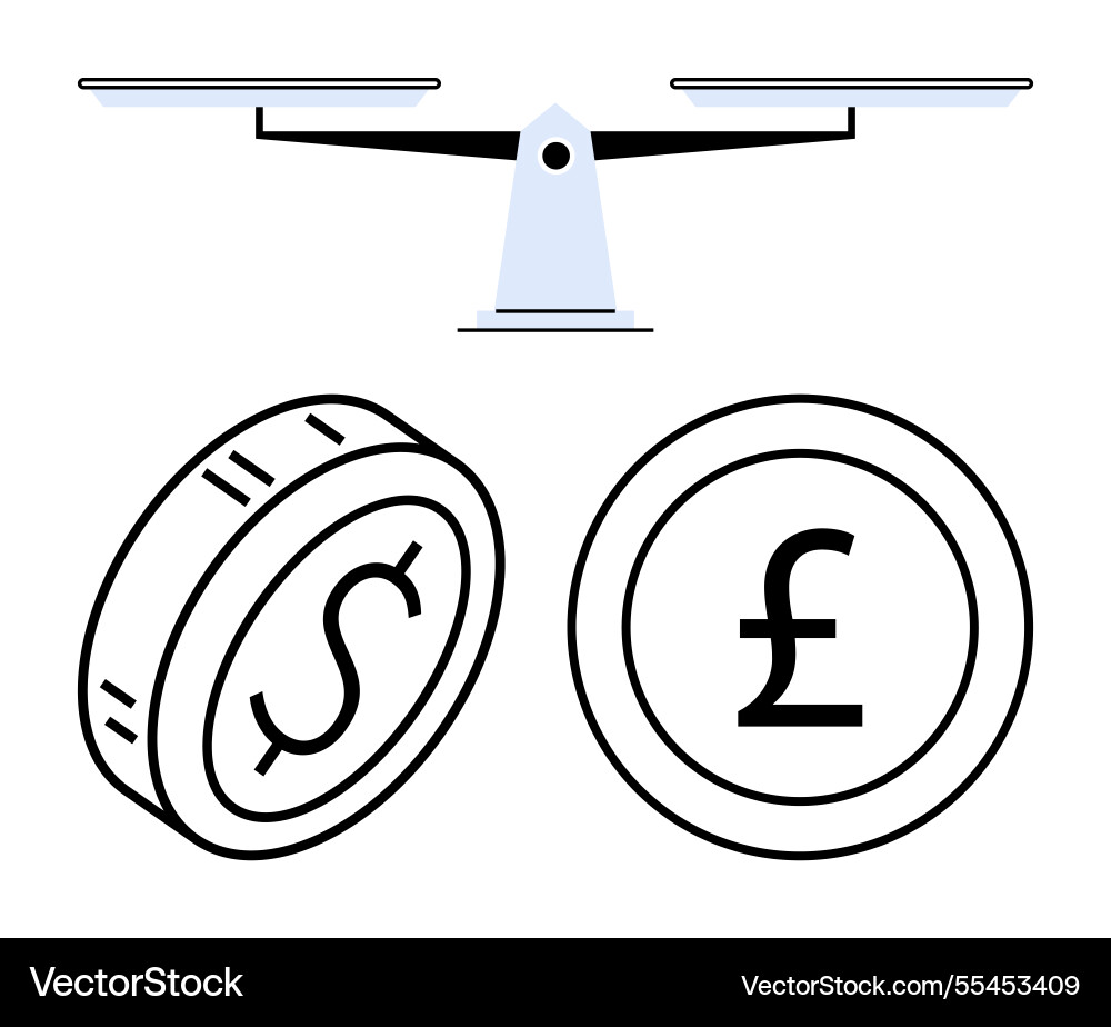 Dollar and pound coins on balance scale Royalty Free Vector