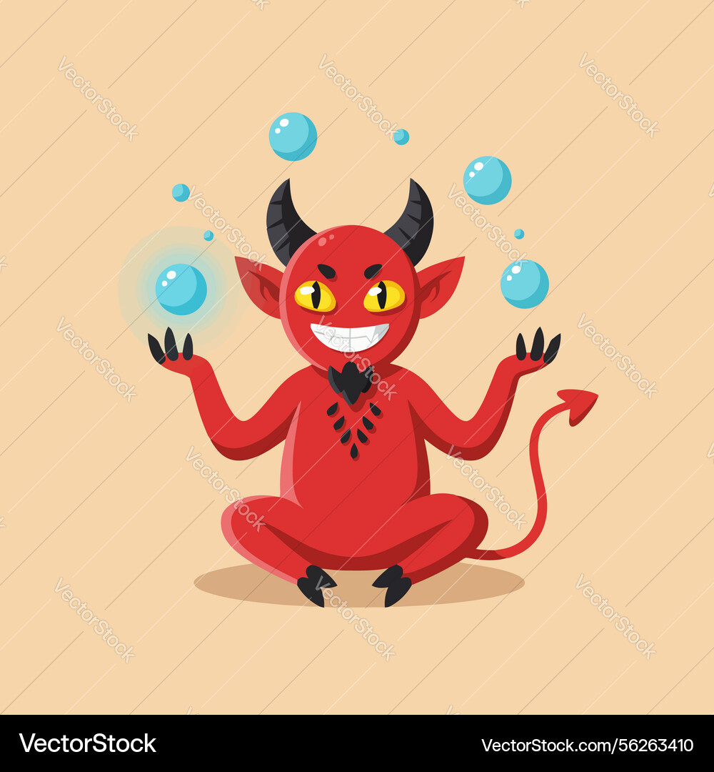 Cartoonish red creature juggling shiny blue orbs Vector Image