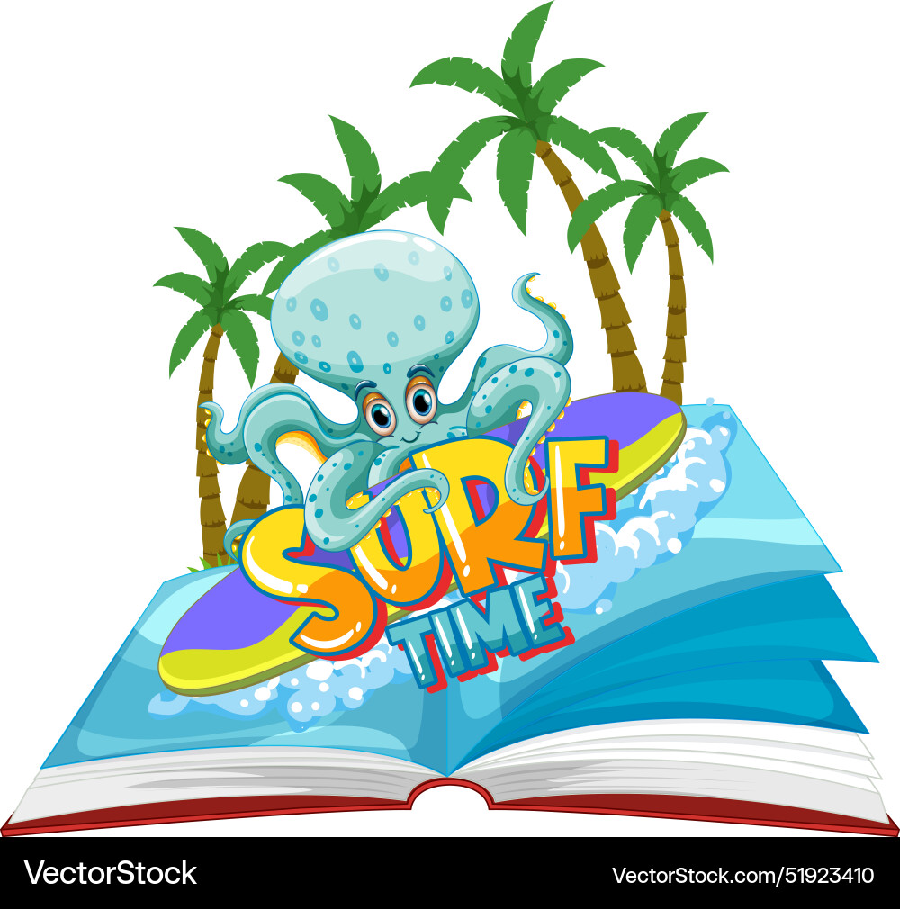 Octopus surfing on a book with palm trees Vector Image