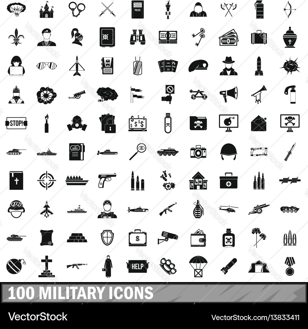 100 military icons set simple style Royalty Free Vector