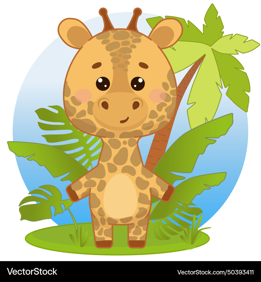 A spotted giraffe stands near palm tree Royalty Free Vector