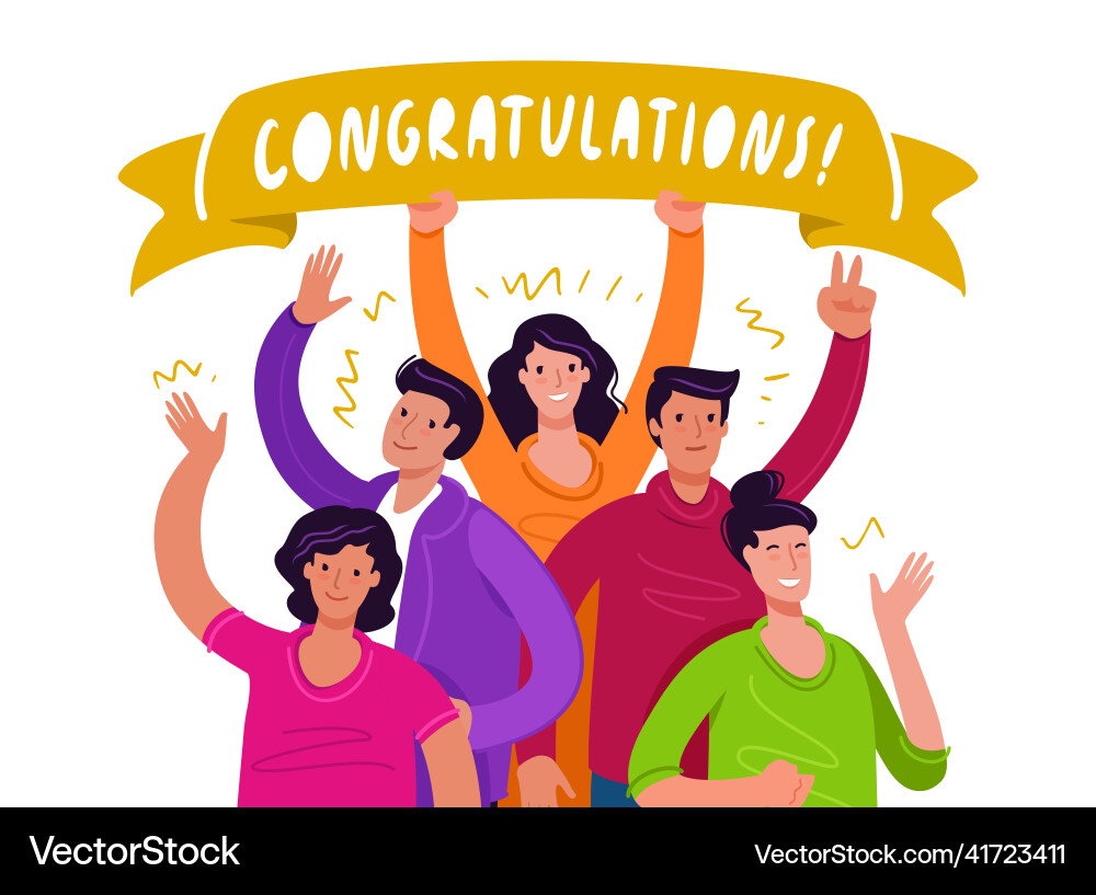 Happy people holding banner with congratulations Vector Image