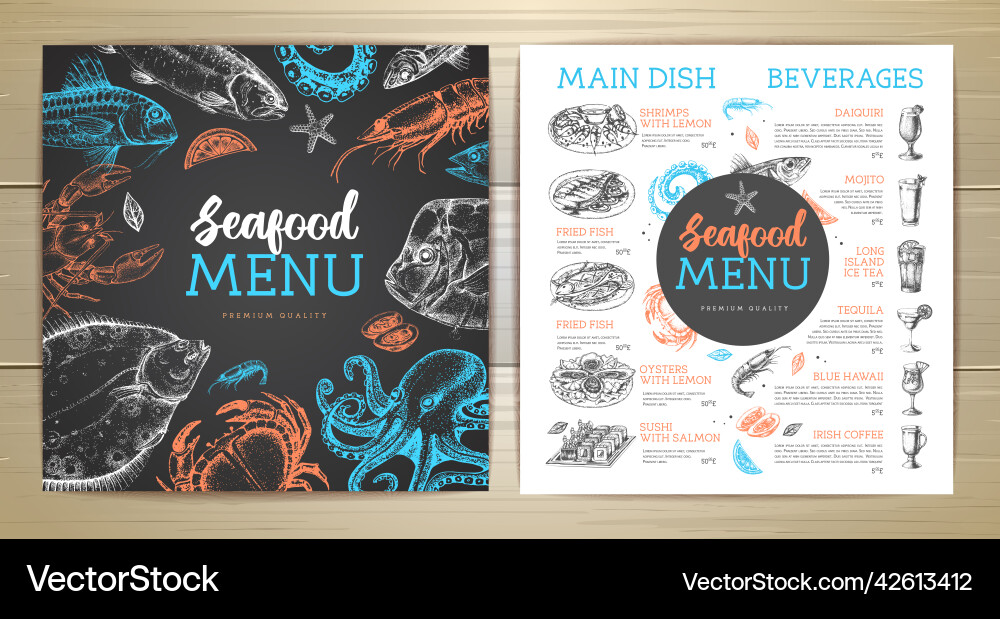 Chalk drawing seafood restaurant menu design Vector Image