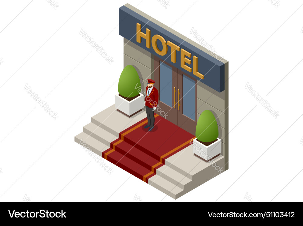 Isometric doorman standing in front of hotel Vector Image