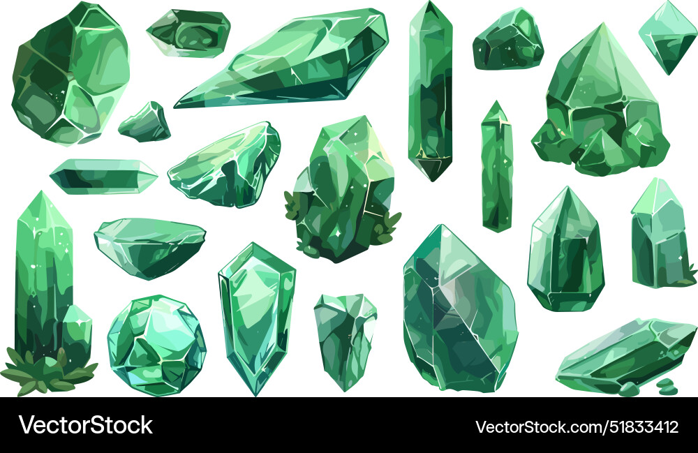 Precious unprocessed emerald stones set shiny Vector Image