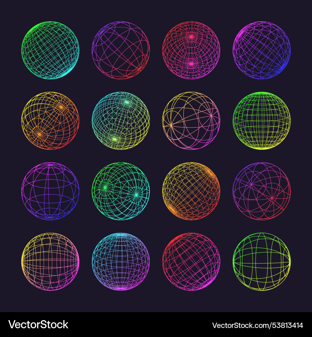 Neon wireframe shapes lined sphere perspective Vector Image