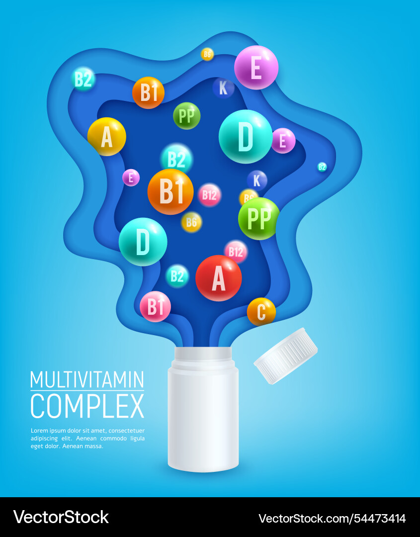 Paper cut multivitamin and vitamins complex bottle