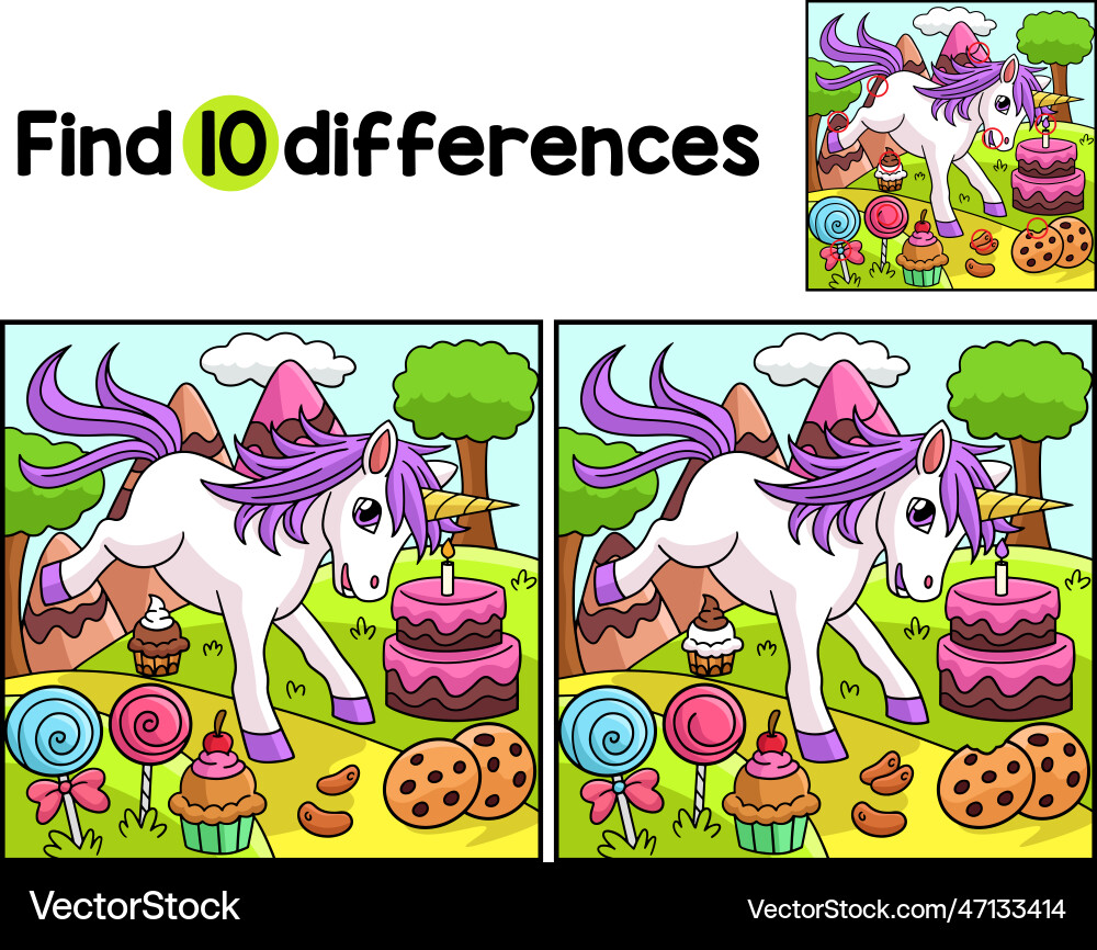 Unicorn on the candy land find differences Vector Image