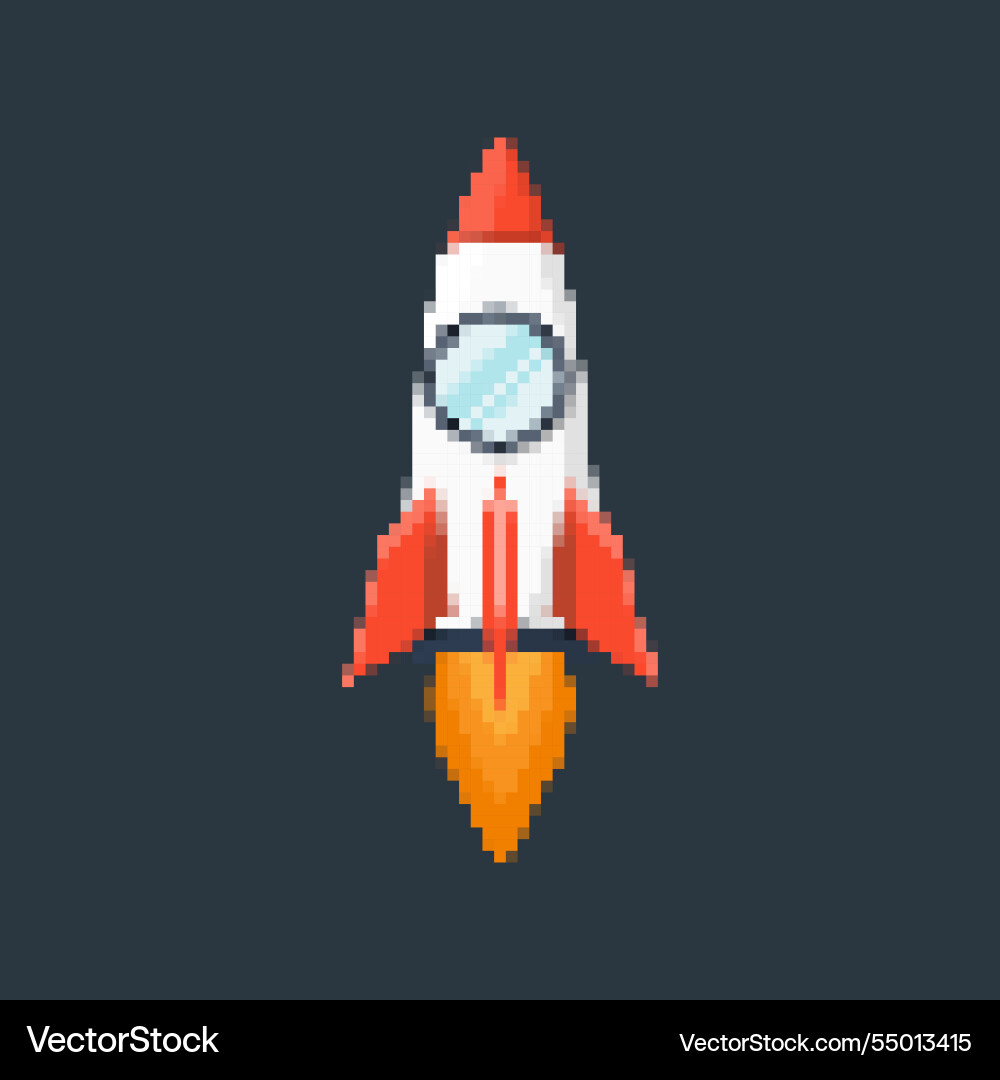 Pixel art rocket with fiery trails retro games Vector Image