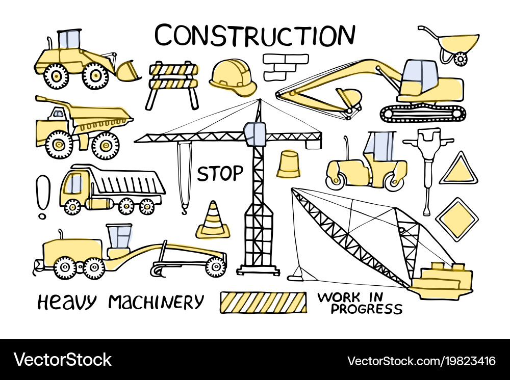 Construction and heavy machinery doodle set Vector Image