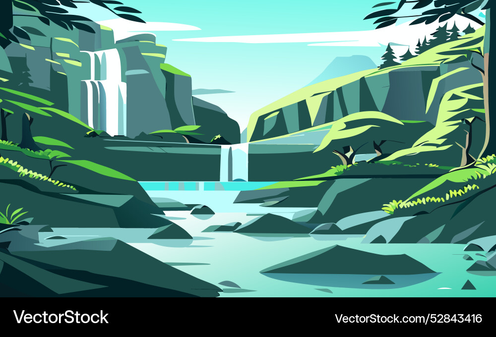 Landscape with a mountain waterfall Royalty Free Vector