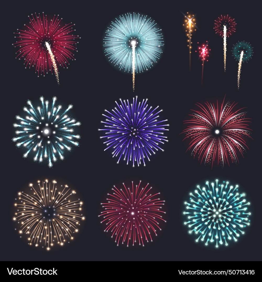Realistic fireworks set Royalty Free Vector Image