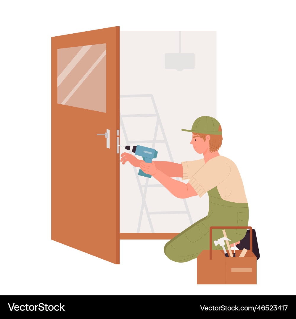 Workman repairing door Royalty Free Vector Image