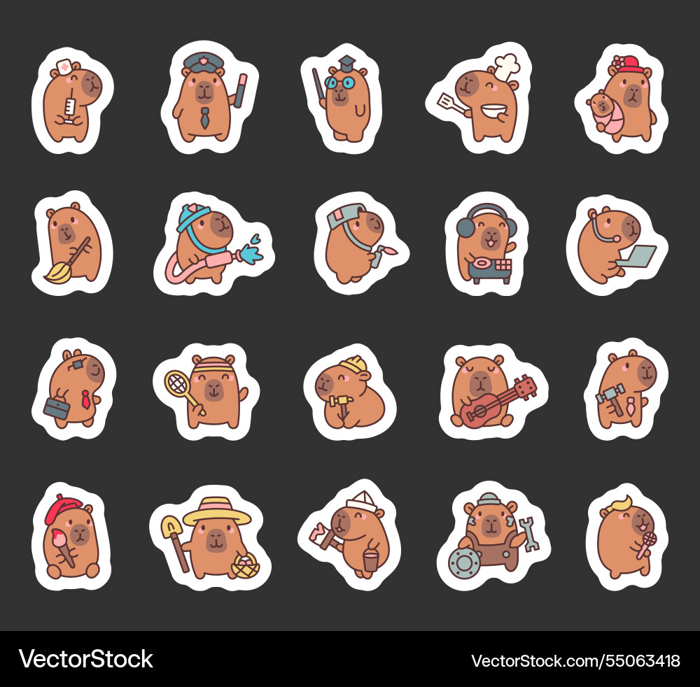 Capybara professions cartoon set Royalty Free Vector Image