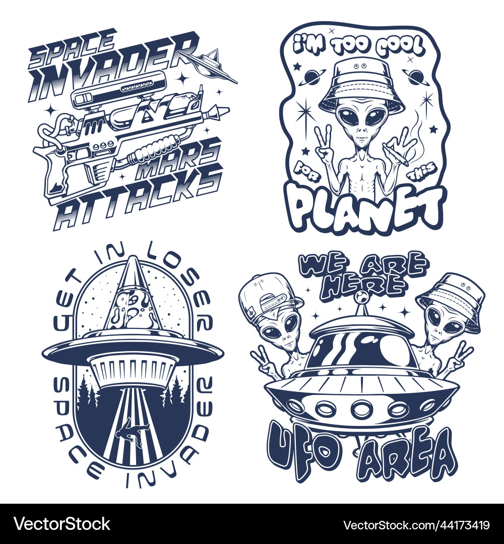 Aliens set vintage monochrome flyers Royalty Free Vector