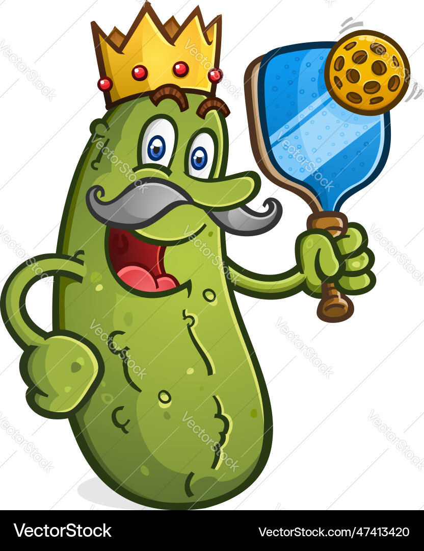 Pickle king cartoon character playing pickleball Vector Image