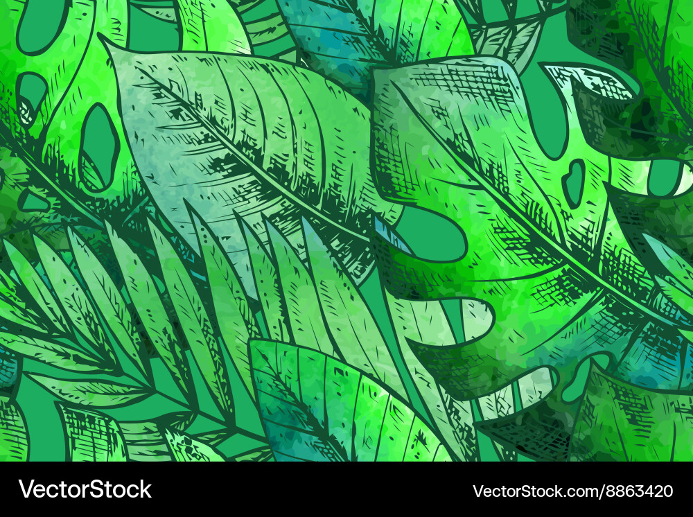 Seamless pattern with green hand drawn tropical Vector Image