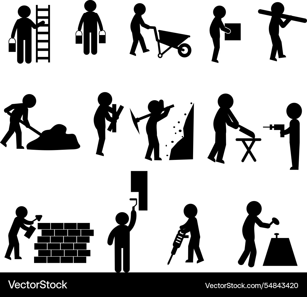 Stickman construction worker at work in different Vector Image