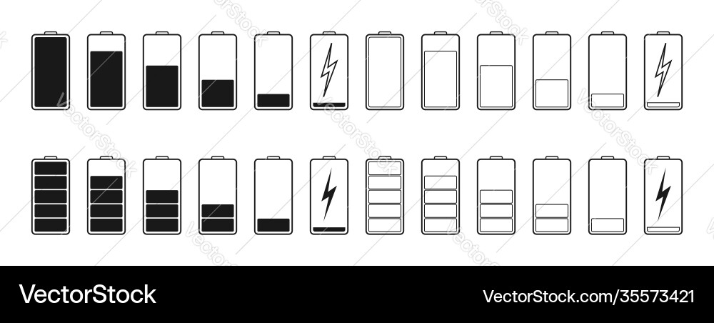 Battery icons full or low charge phone symbol Vector Image