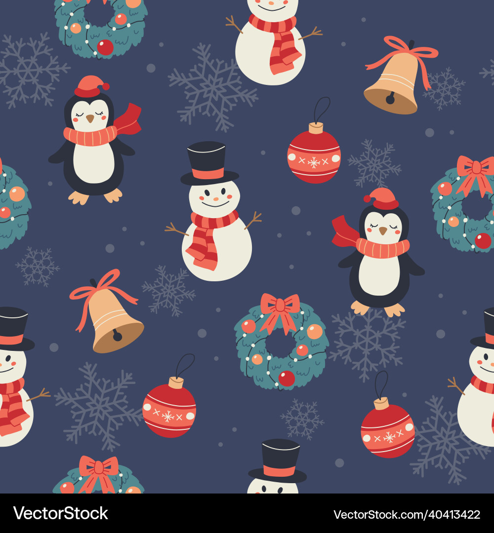 Christmas pattern with snowmans penguins bells Vector Image