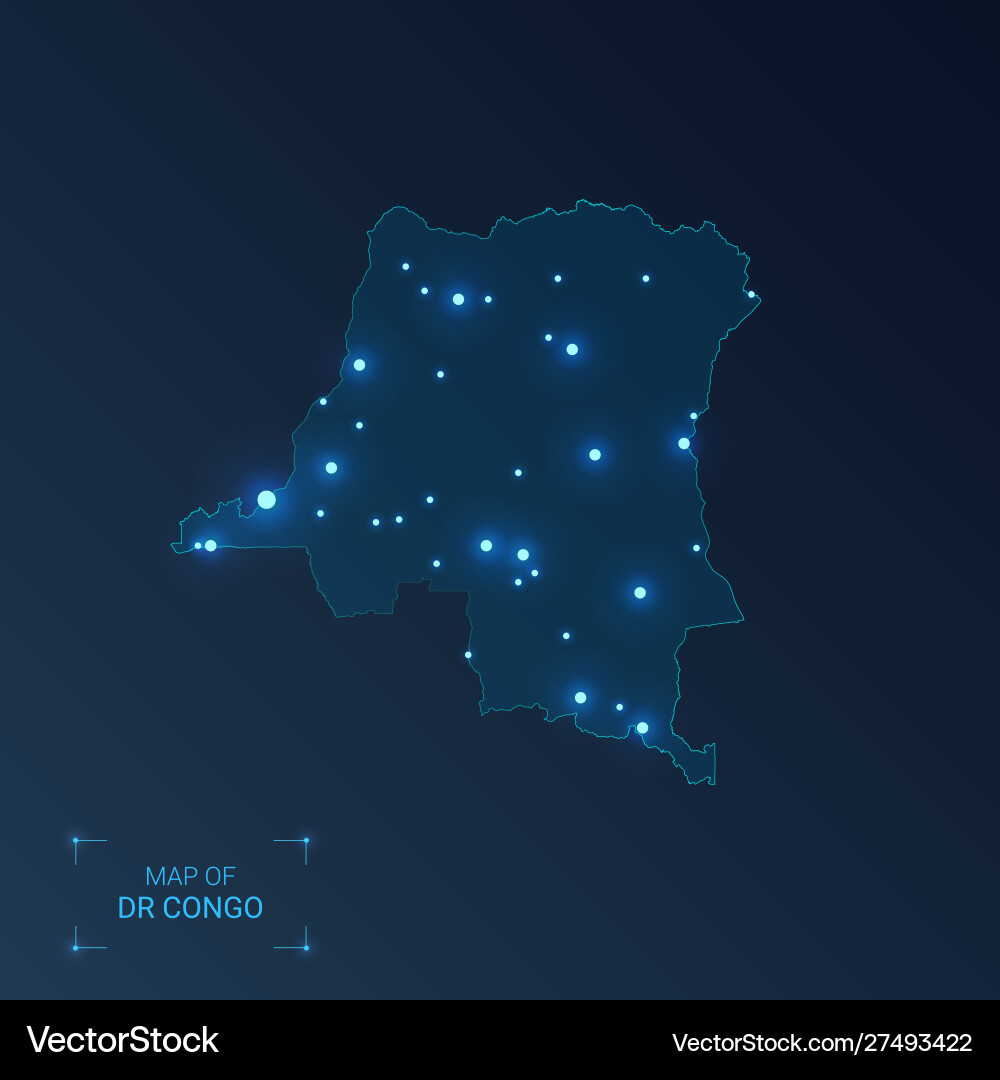 Dr congo map with cities luminous dots Royalty Free Vector