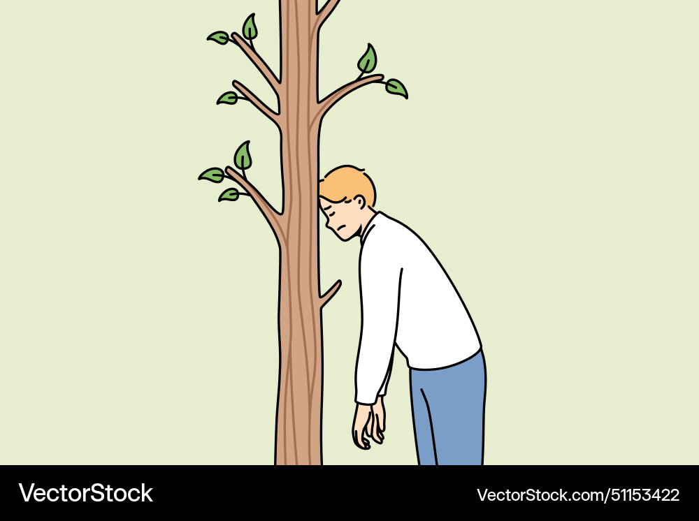 Tired man rests forehead on tree to rest after Vector Image