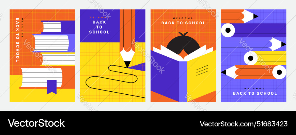Back to school posters set with books and pencils Vector Image
