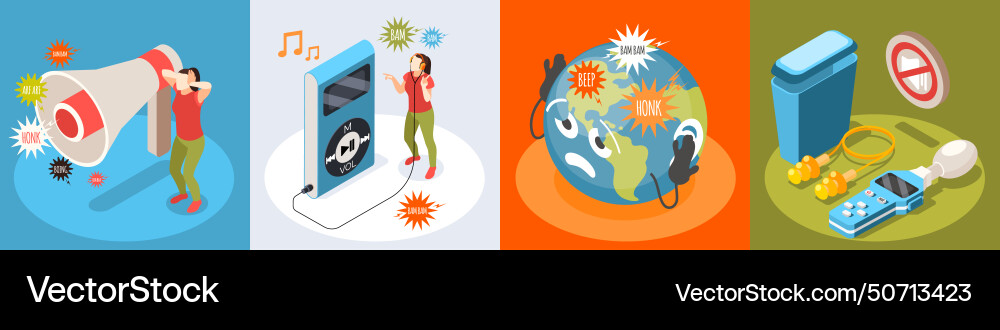 Noise pollution isometric set Royalty Free Vector Image