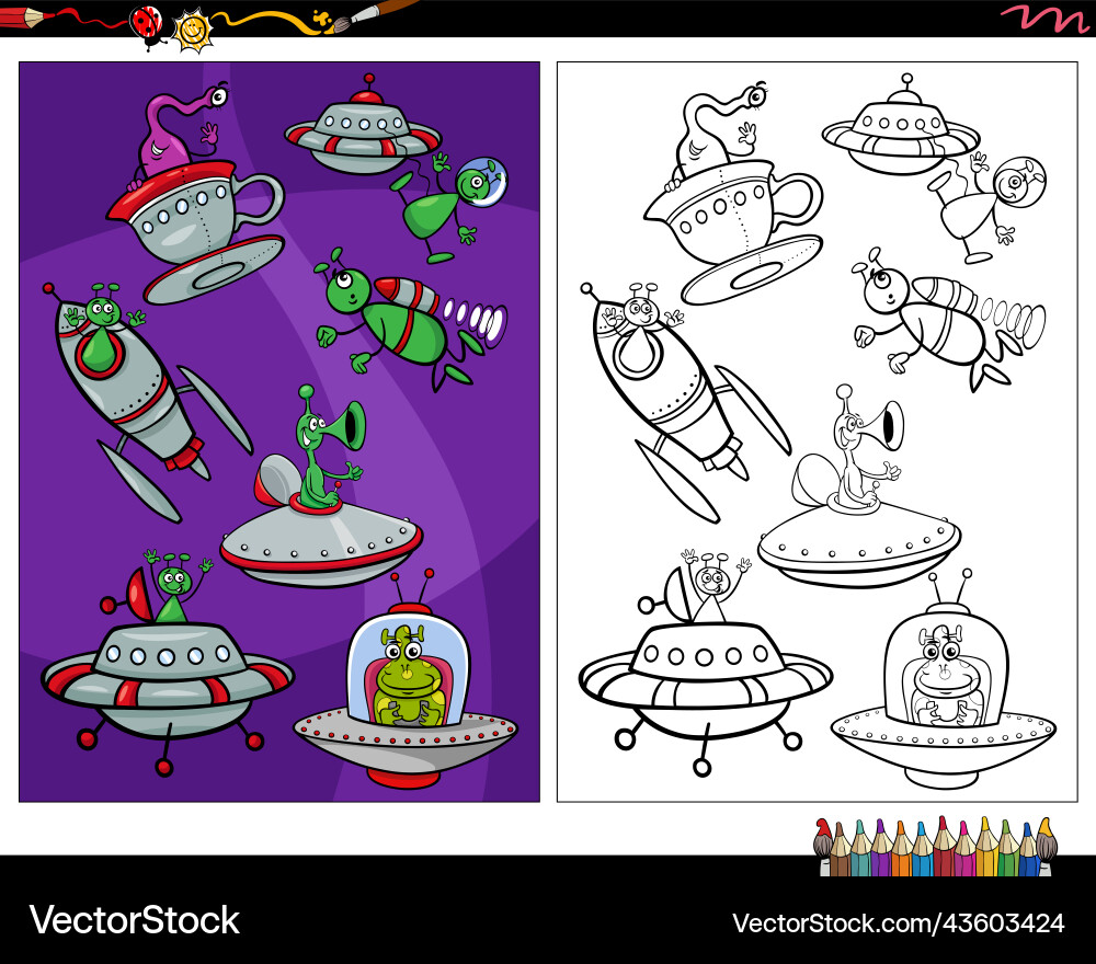 Cartoon alien characters in space coloring page Vector Image