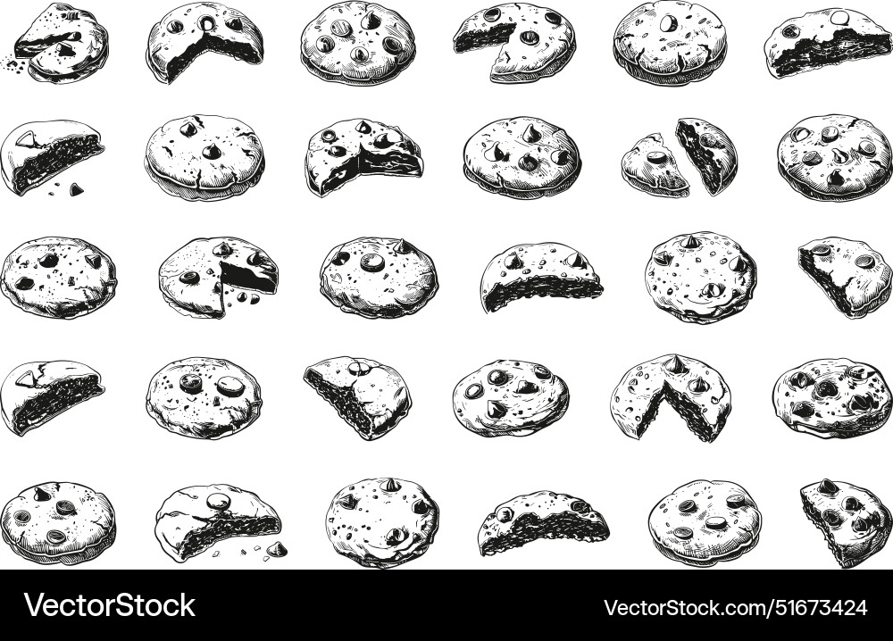 Engraving style bitten chocolate cookies icons set Engraving style bitten chocolate cookies icons set