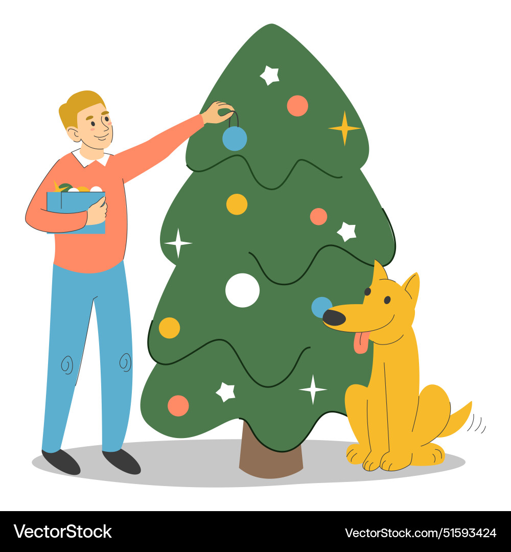Man decorating christmas tree isolated Royalty Free Vector