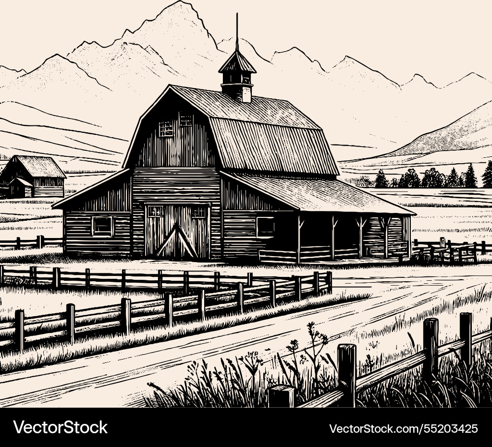 Hand-drawn farm and ranch landscape Royalty Free Vector