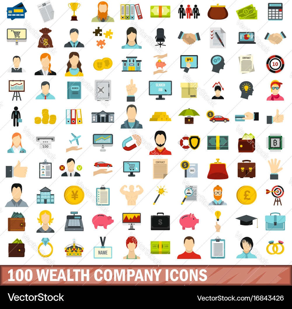 100 wealth company icons set flat style Royalty Free Vector