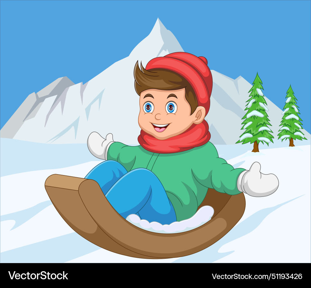 Cartoon boy sledding down a snow hill Royalty Free Vector