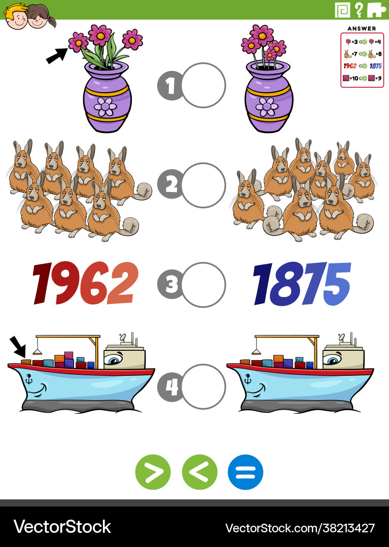 Greater less or equal cartoon task for kids Vector Image