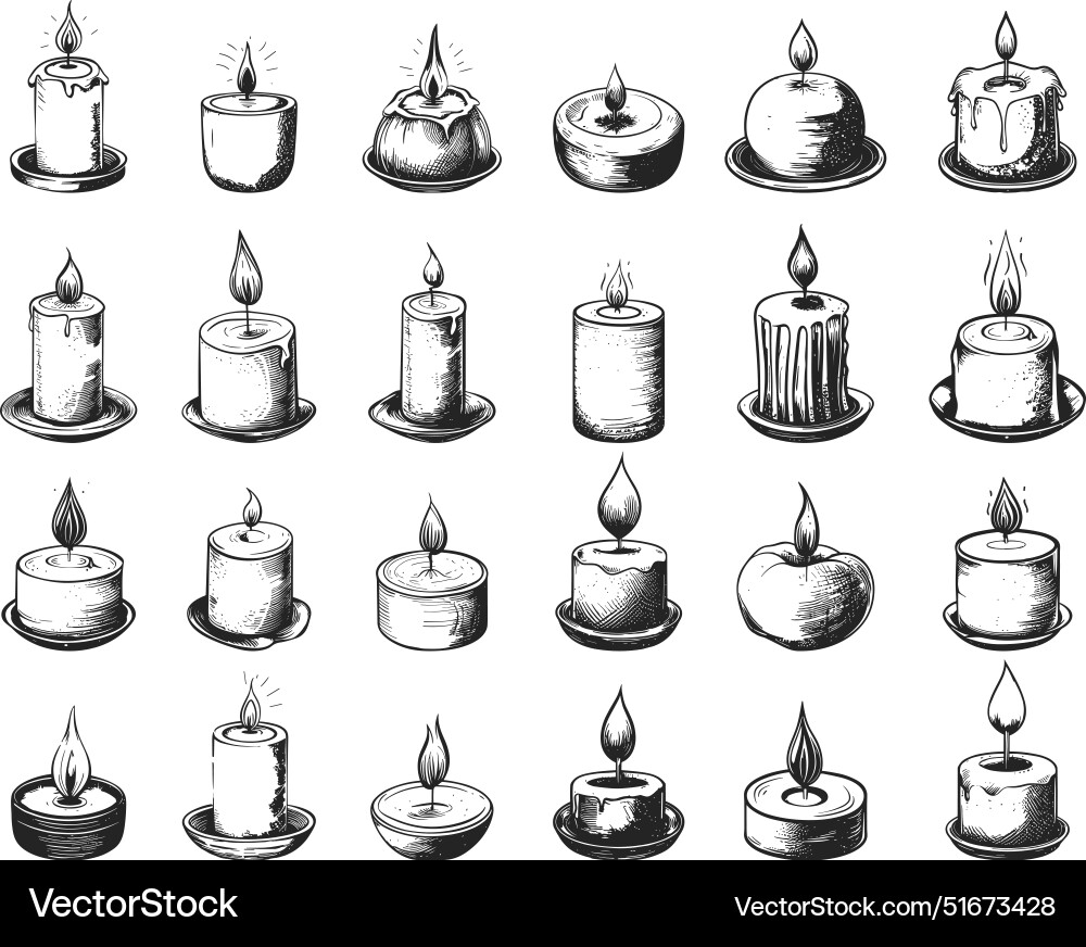 Engraving style different candles icons set hand Vector Image